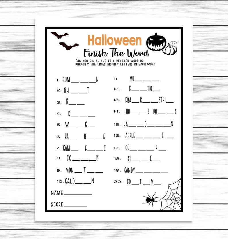 Halloween Finish the Word Game Virtual or Printable Halloween - Etsy