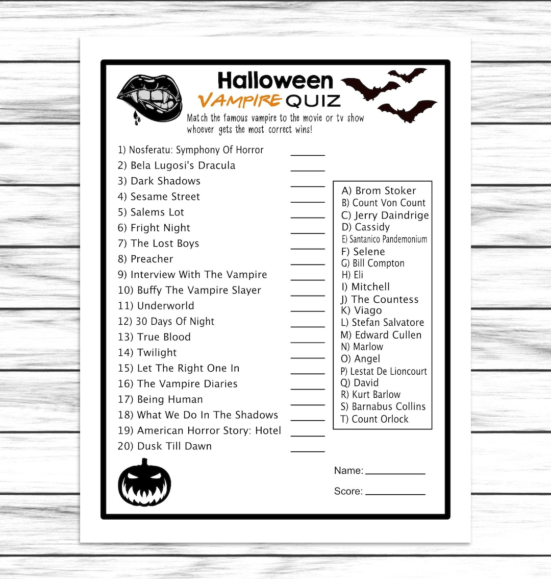 Halloween Vampire Quiz Game, Virtual or Printable Halloween Costume ...