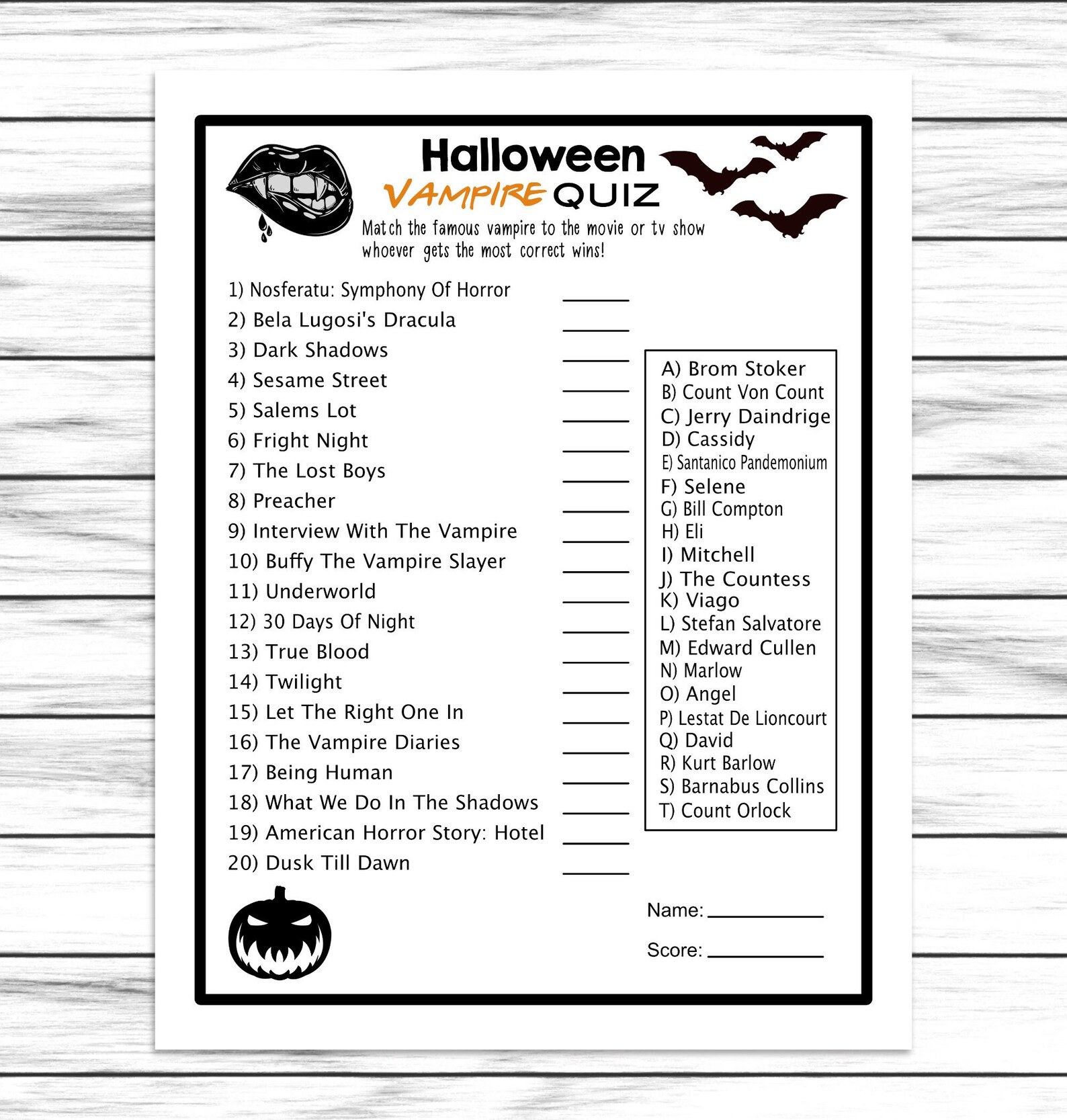 Halloween Vampire Quiz Game, Virtual or Printable Halloween Costume ...