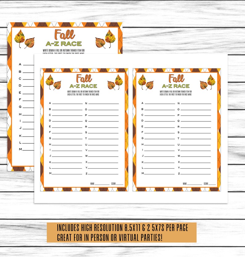 Fall A-Z Word Race Game Printable or Virtual Game for Adults - Etsy