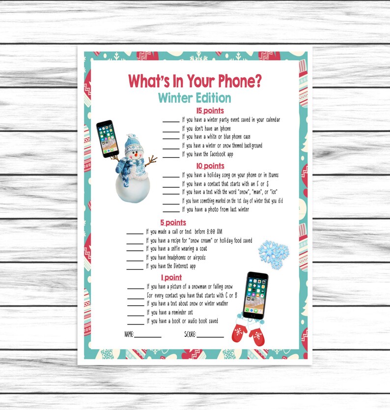 Winter Whats in Your Phone Party Game Phone Game for Adults | Etsy