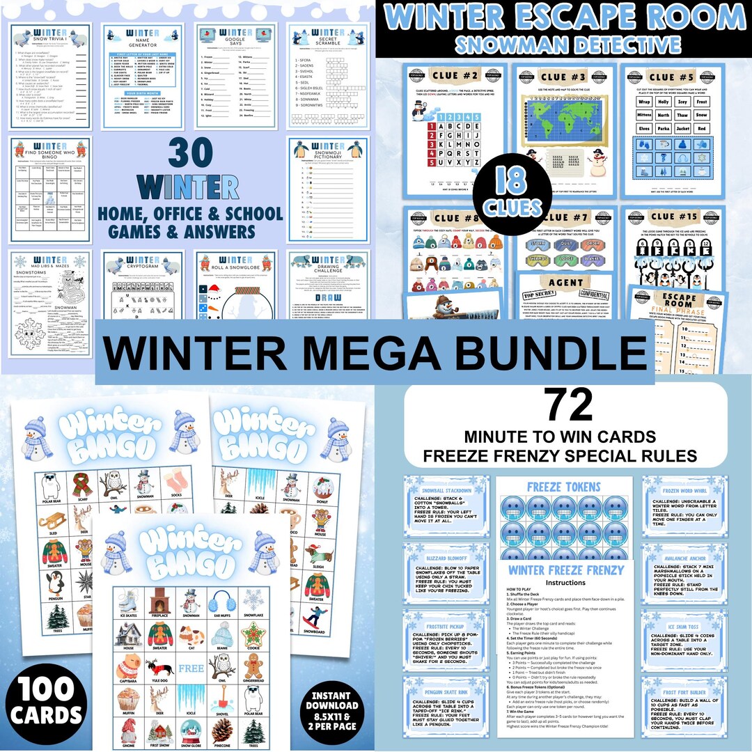 Winter Printable Game Mega Bundle . Escape Room Clues . 100 Bingo Cards ...