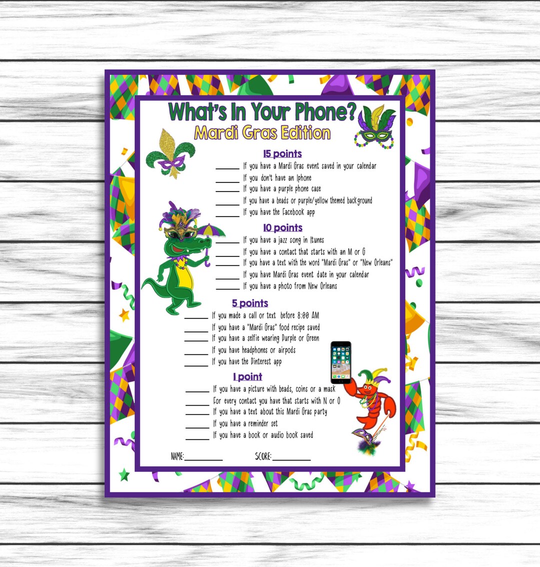 Mardi Gras Party Games,whats in Your Phone Game, Mardi Gras Game, Mardi ...