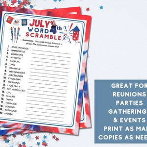 July 4th Party Word Scramble Activity for Adults Kids, Family Reunion ...