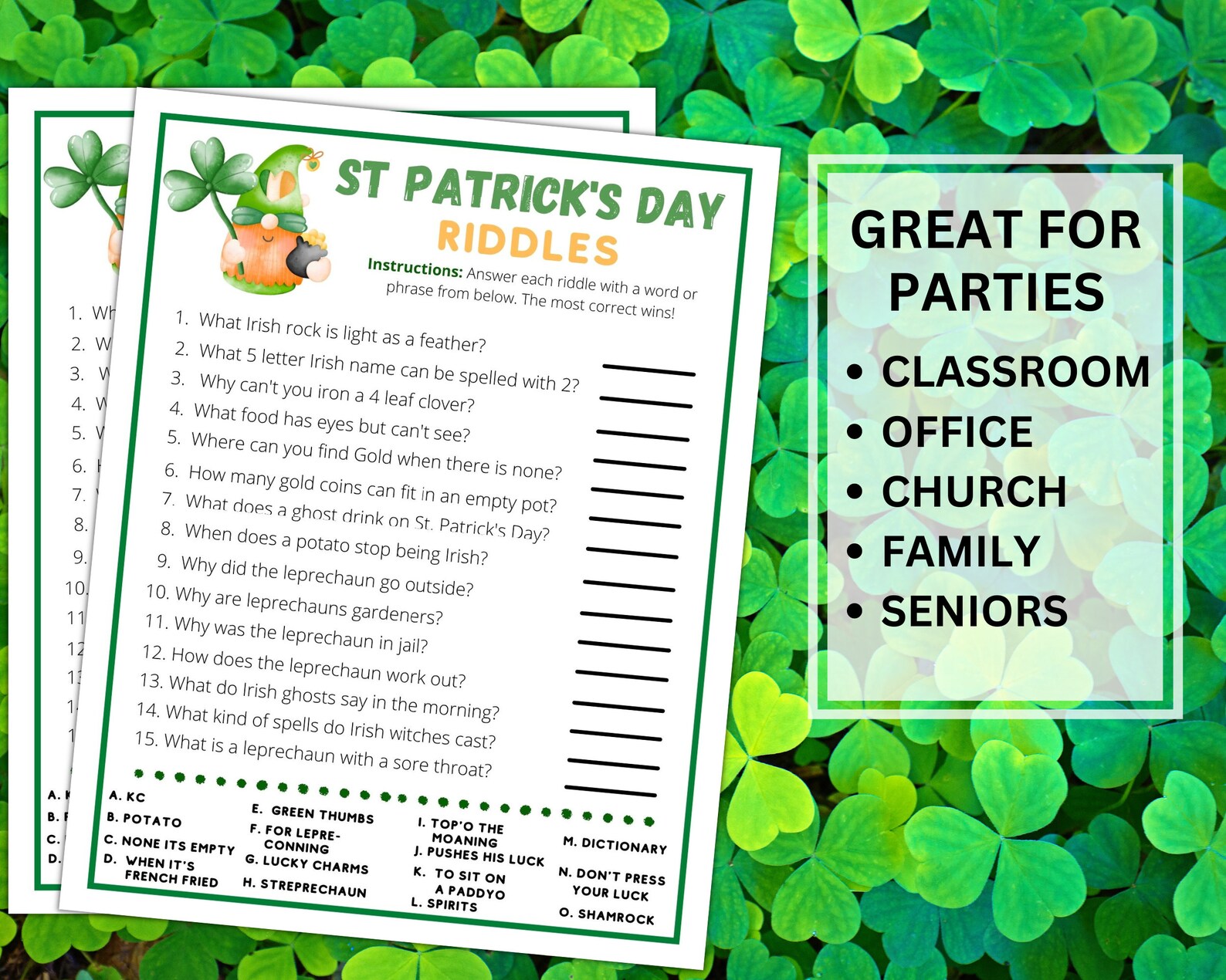 St Patricks Day Riddles Printable Game St Paddys Office Classroom ...