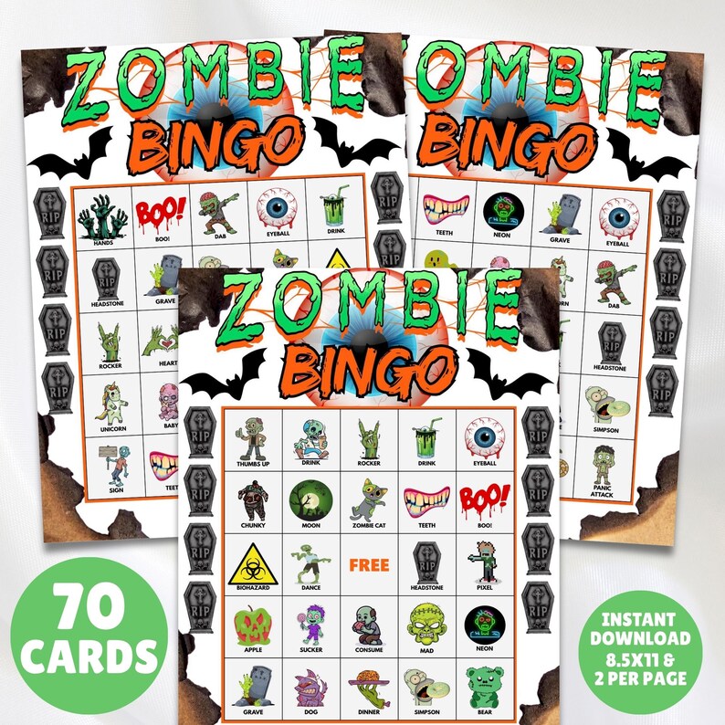 Printable Zombie Bingo Game | 70 Cards | Fun Horror Party Game for ...