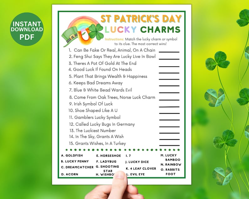 Printable St Patricks Day Lucky Charm Game Irish Quiz St - Etsy