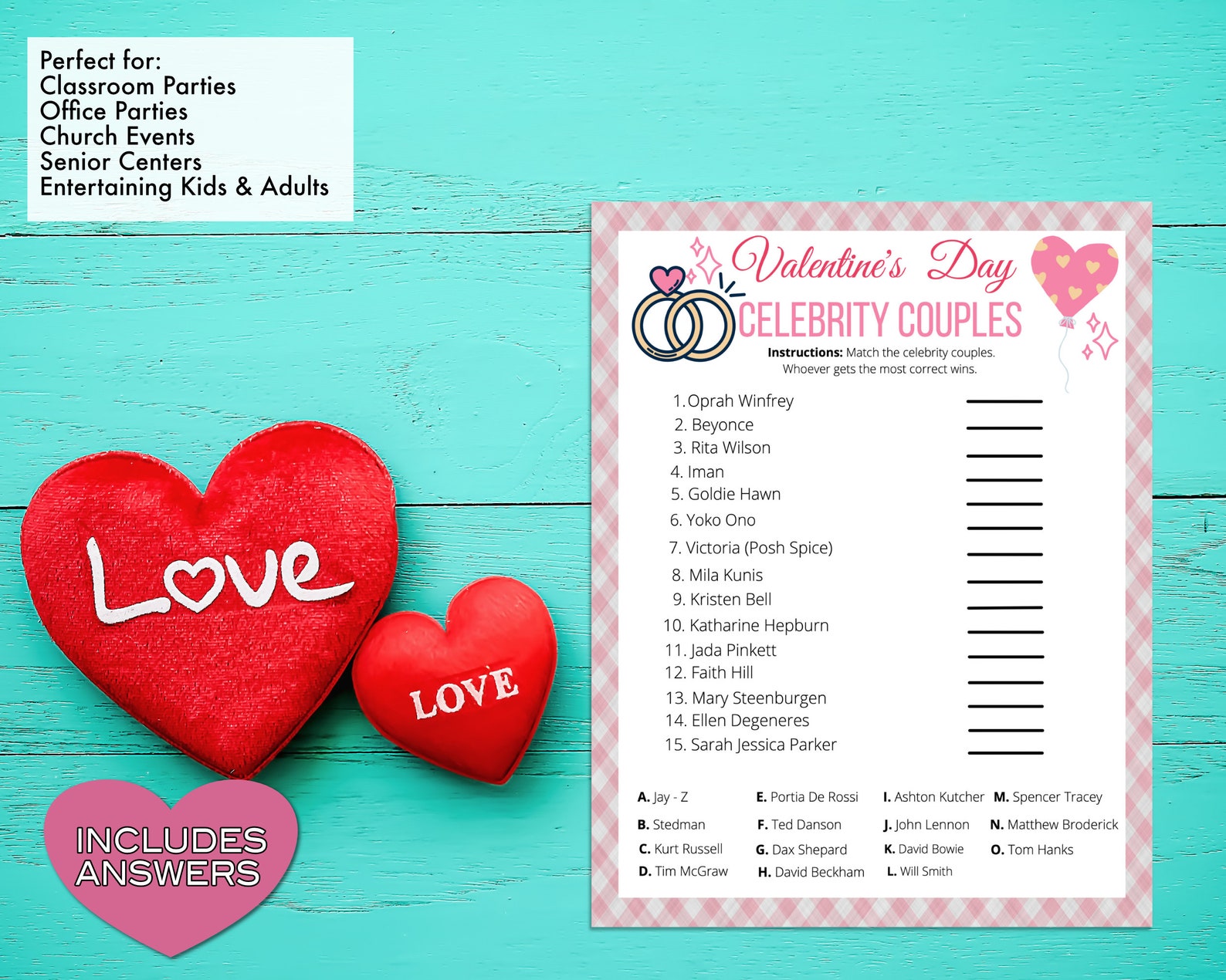 Celebrity Couples Trivia Game classroom Office Valentines Day | Etsy