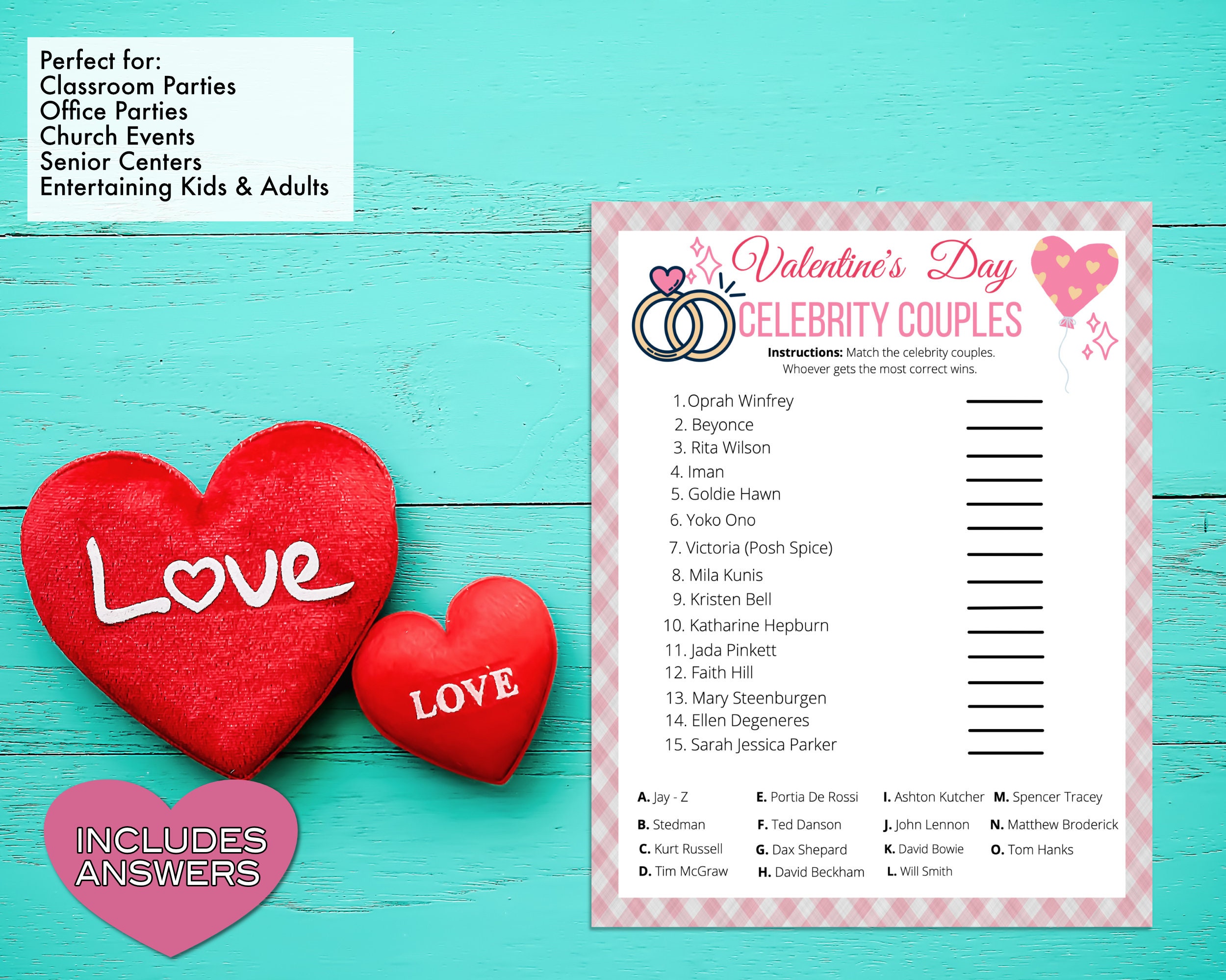 Celebrity Couples Trivia Game classroom Office Valentines Day | Etsy