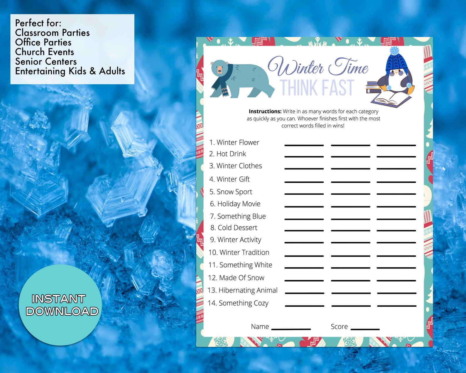 Winter Think Fast Word Party Game for Adults Kids Classroom - Etsy