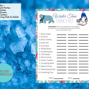 Winter Think Fast Word Party Game, for Adults Kids, Classroom, Office ...