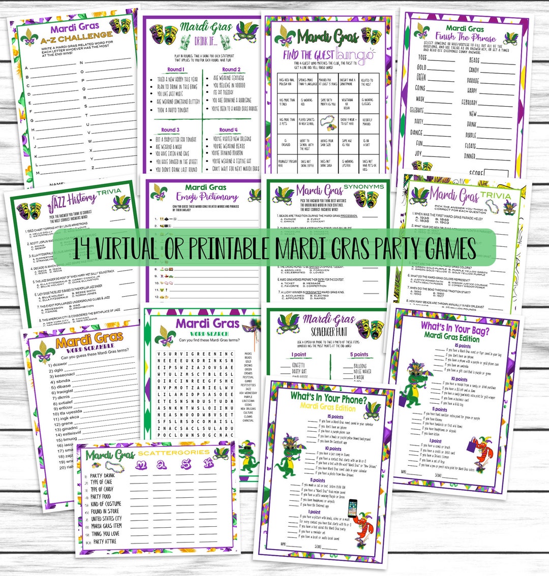 14 Virtual or Printable Mardi Gras Games, Mardi Gras Party Games for ...