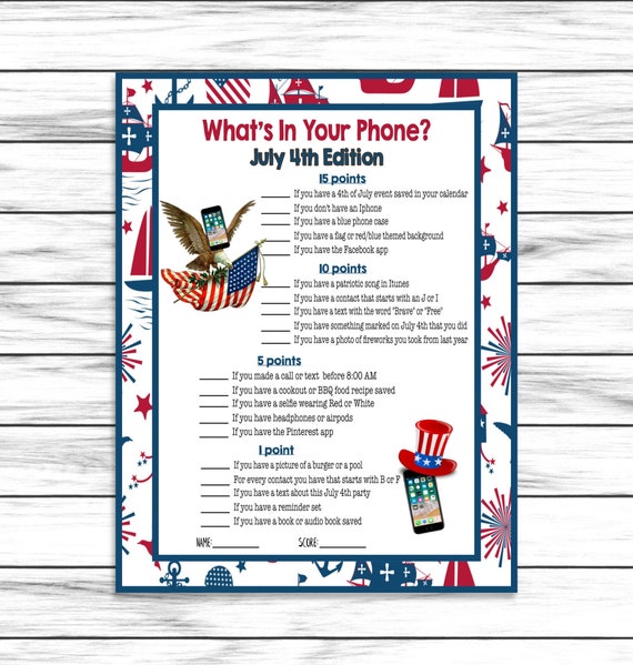 July 4th Whats in Your Phone Party Game Phone Game for | Etsy