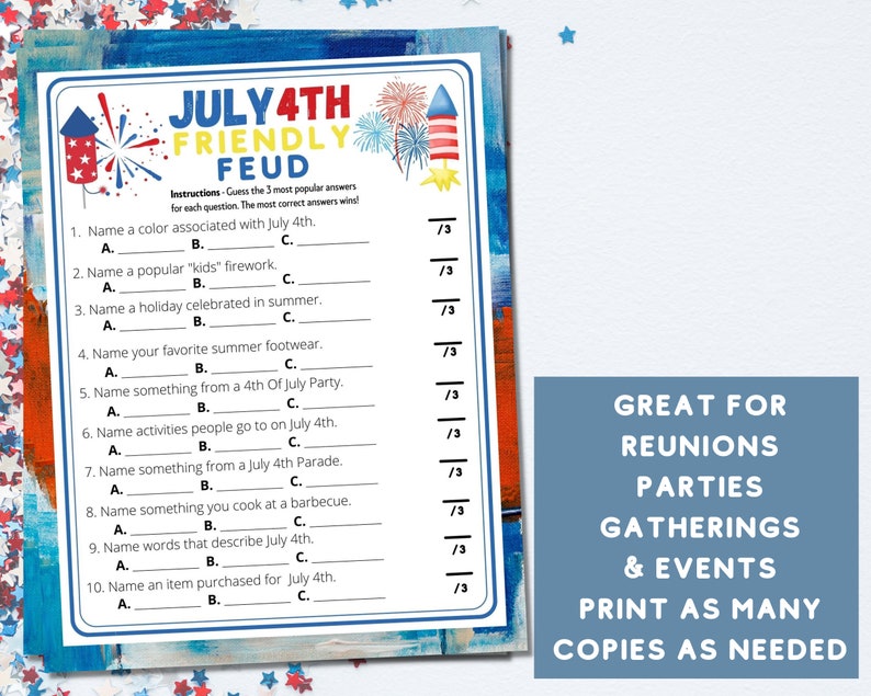 July 4th Family Feud Trivia Party Game Family Reunion Quiz - Etsy