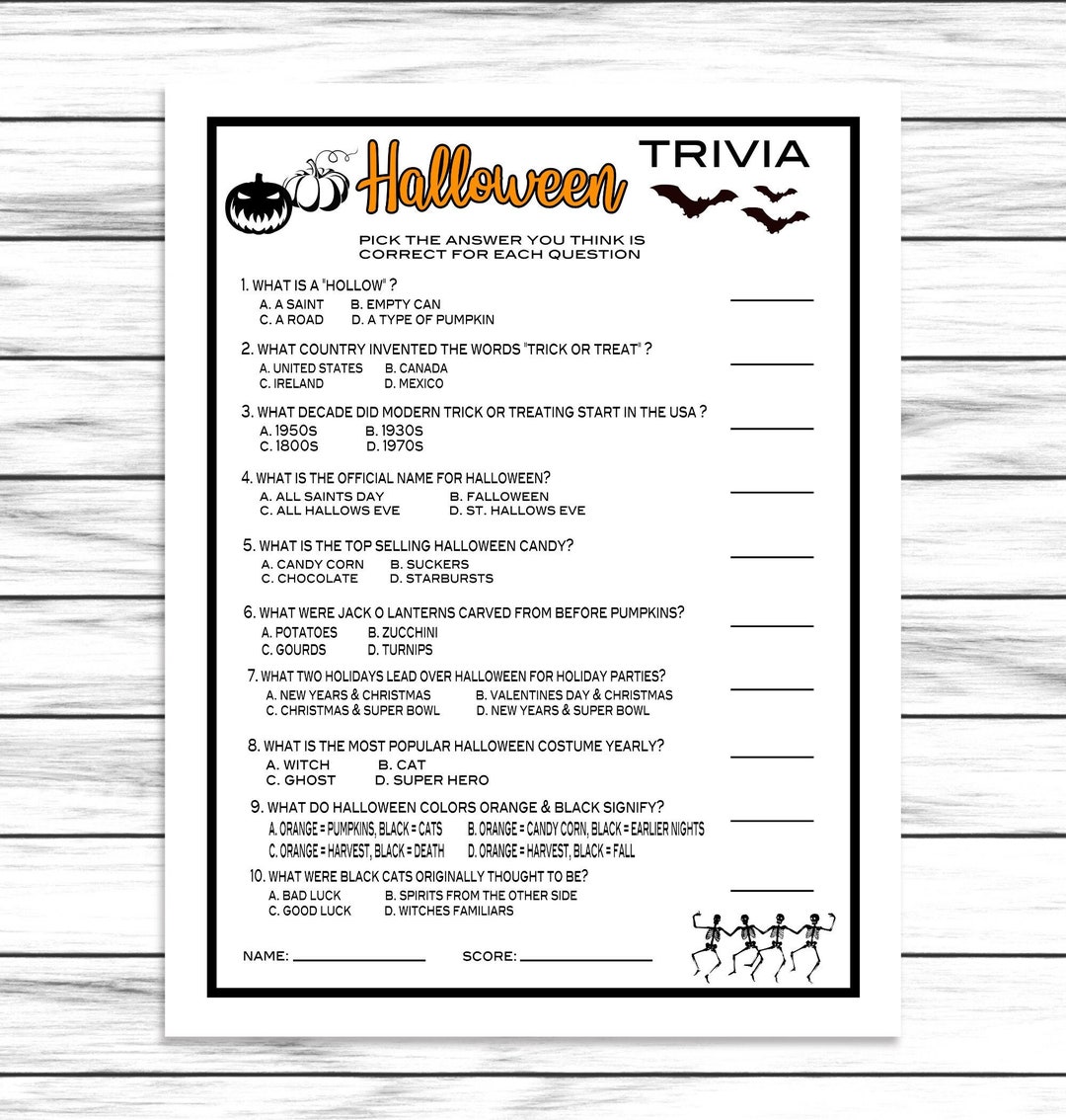 Halloween Trivia Game, Virtual or Printable Halloween Costume Party ...