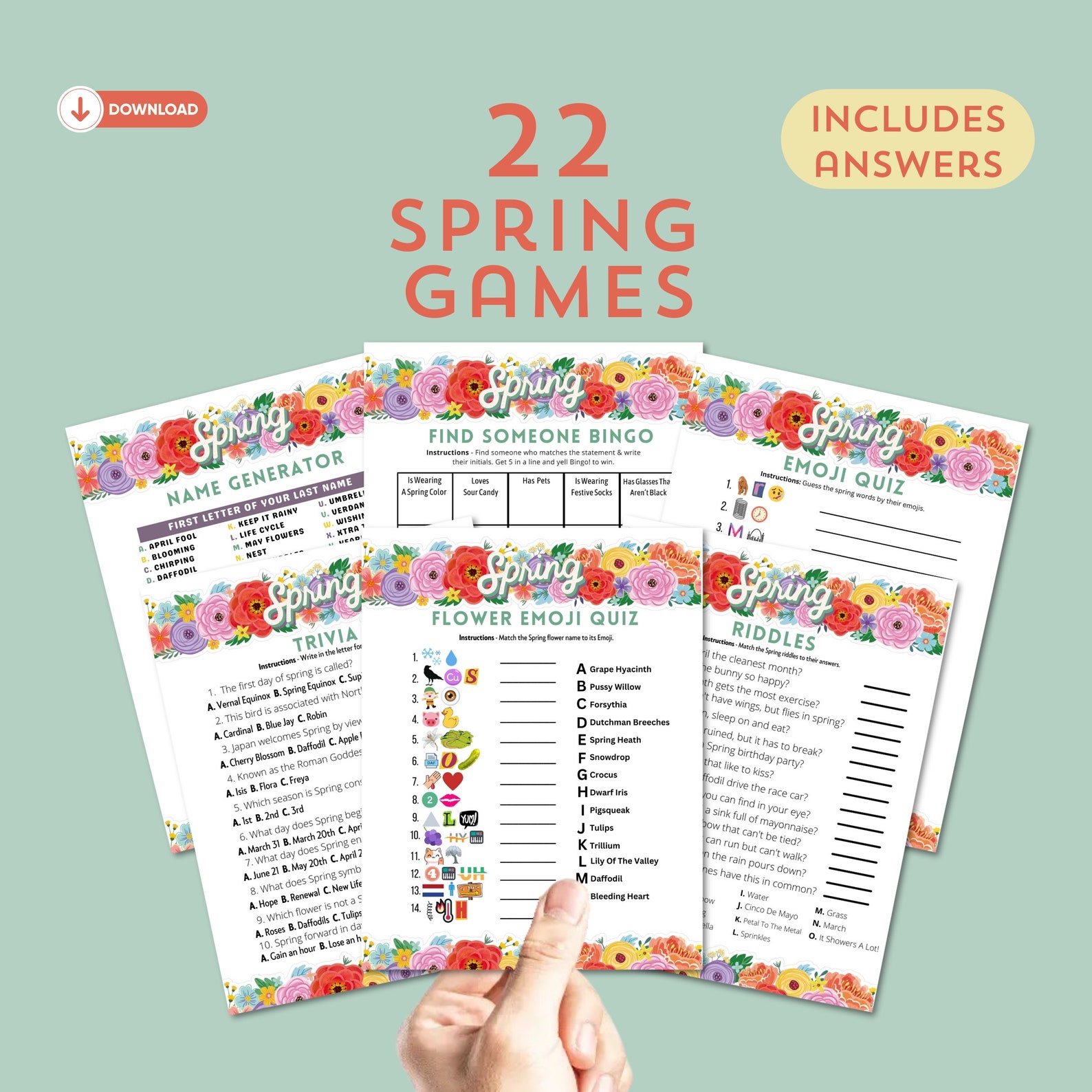 Spring Break Printable Games Mega Bundle With Answers | Flowers Emoji ...