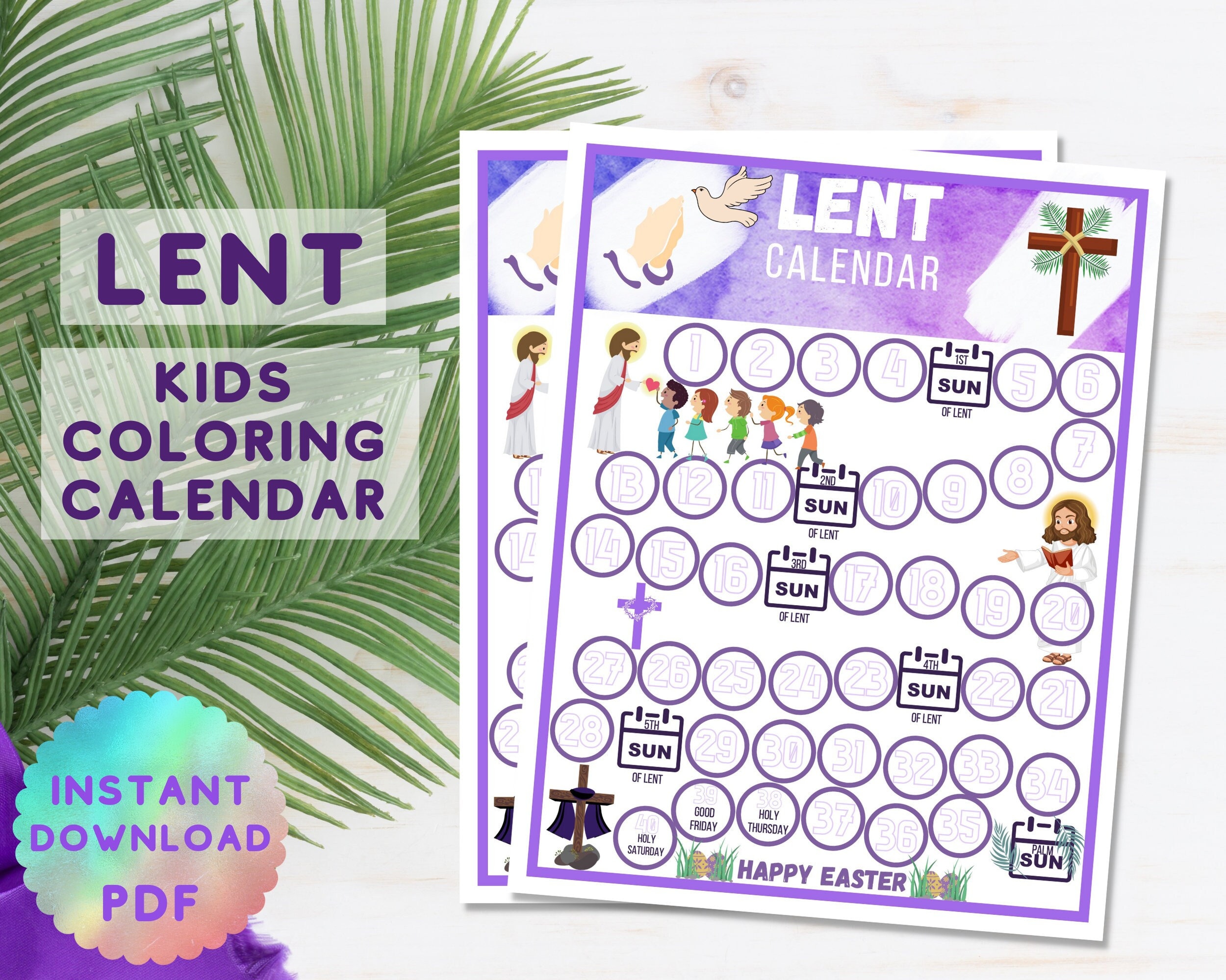 Lent Printable Kids Calendar Childrens Coloring Lenten | Etsy