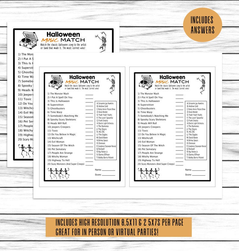 Halloween Music Match Trivia Game, Virtual or Printable Costume Party ...