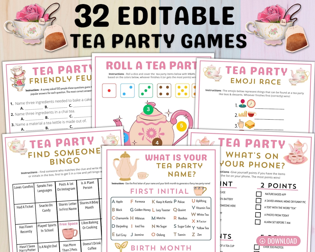 Printable Tea Party Games Adults Kids Toddler | Editable High Tea Quiz ...