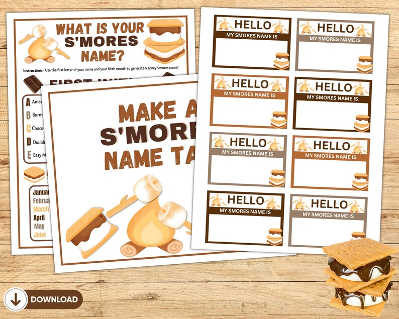 Printable Whats Your Smores Nametag Game | Camping Birthday Party Sign ...