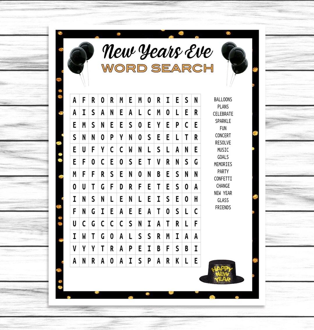 New Years Word Search Game, Printable or Virtual Holiday Party Game for ...