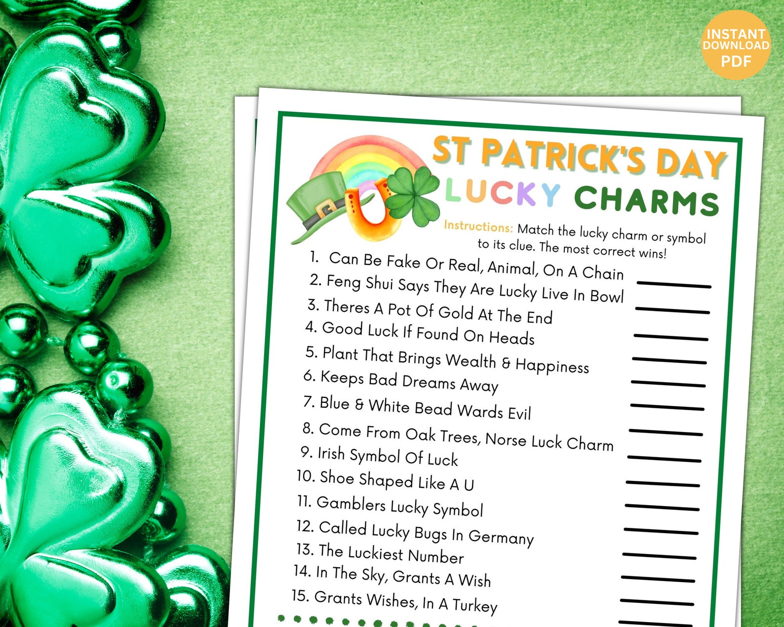 Printable St Patricks Day Lucky Charm Game Irish Quiz St - Etsy