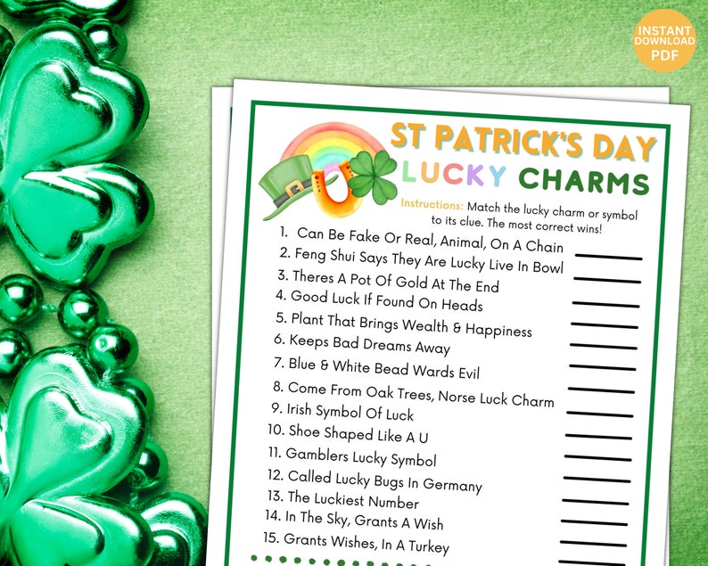 Printable St Patricks Day Lucky Charm Game Irish Quiz St - Etsy