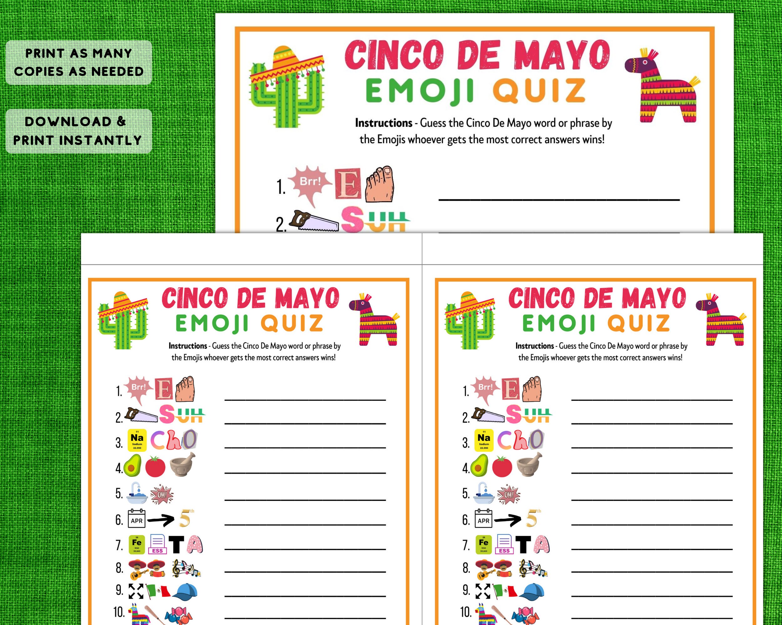 Printable Cinco De Mayo Game Emoji Pictionary Party Game | Emoji Quiz ...