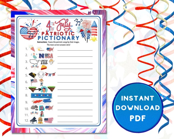 4th of July Pictionary Song Emoji Game Quiz for Adults Kids | Etsy