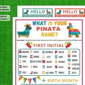 Printable Cinco De Mayo Whats Your Piñata Name Tag Game | Fun Quiz for ...