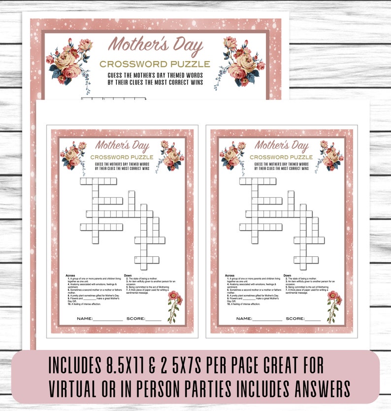 Mothers Day Crossword Puzzle Game Party Game Word Game for - Etsy