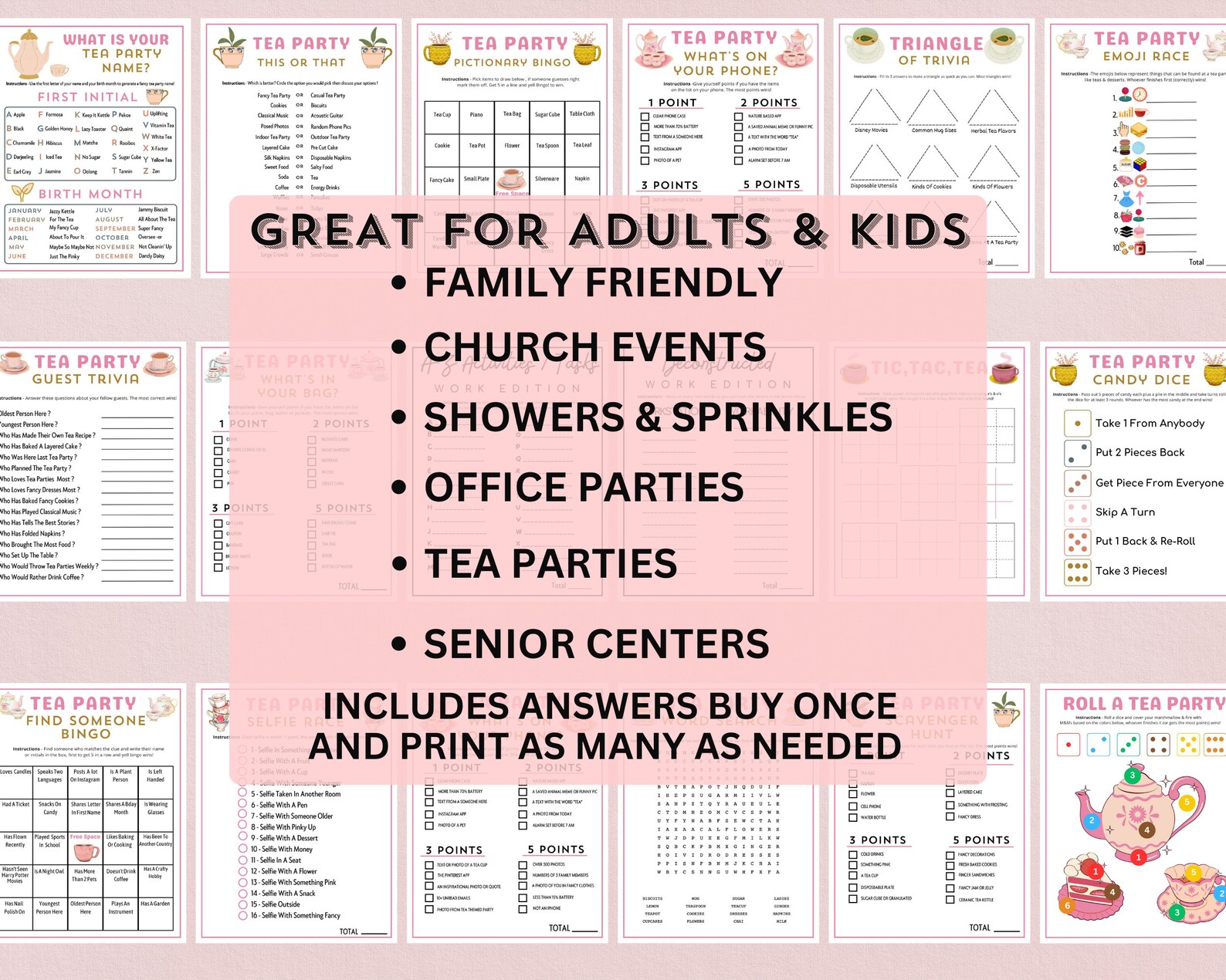 Printable Tea Party Games Adults Kids Toddler | Editable High Tea Quiz ...