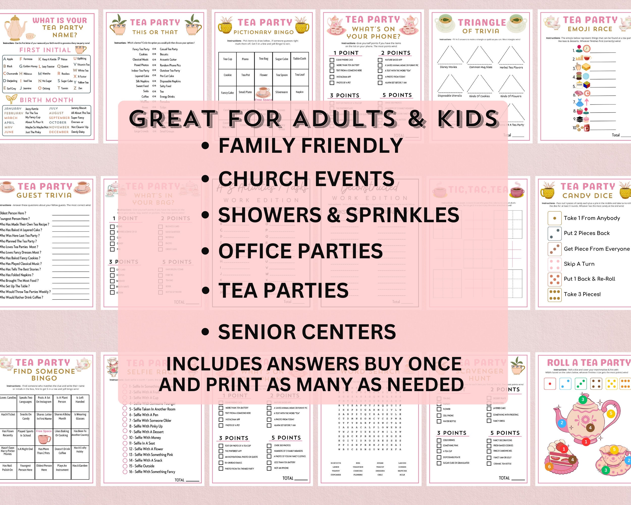 Printable Tea Party Games Adults Kids Toddler | Editable High Tea Quiz ...