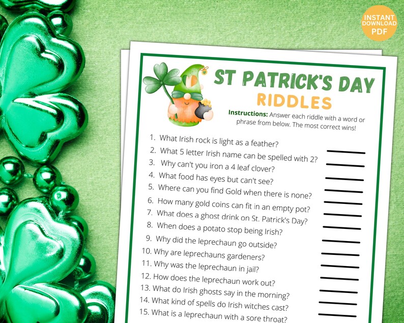 St Patricks Day Riddles Printable Game | St Paddys Office Classroom ...