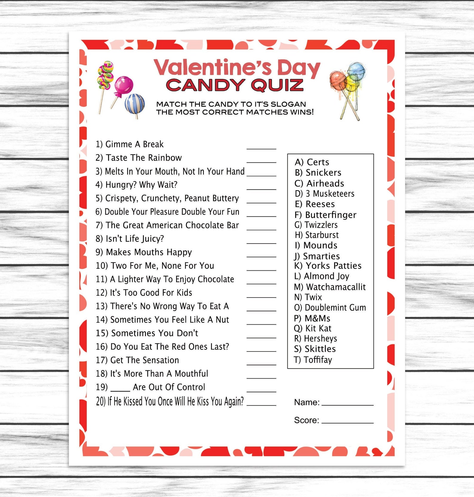 Valentines Day Candy Trivia Game, Virtual or Printable V-day Party Game ...