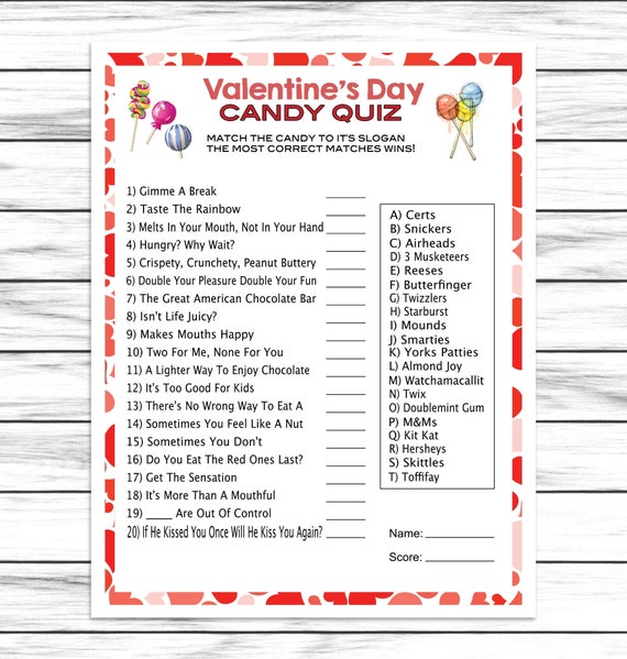 Valentines Day Candy Trivia Game Virtual or Printable V day Party Game Valentines Candy Quiz for Kids or Adults Fun Activity Etsy