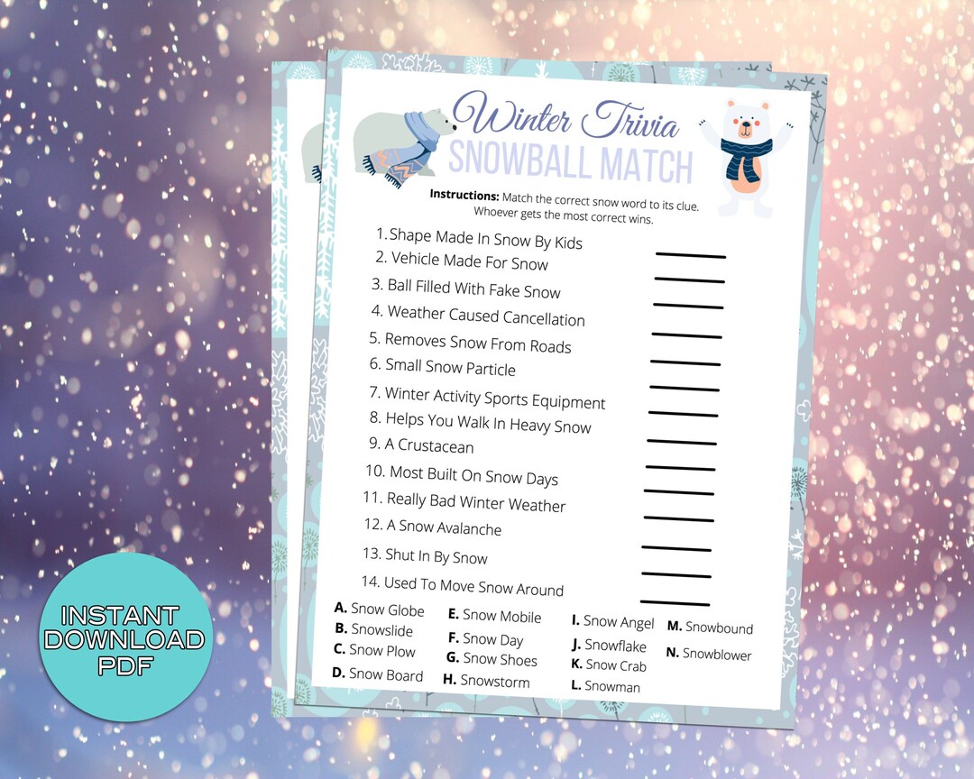 Snow Match Trivia Winter Party Game, for Adults Kids, Classroom, Office ...