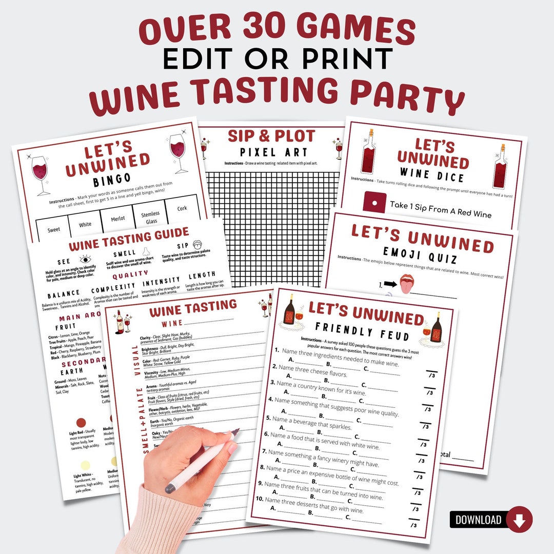 Editable Wine Tasting Party Games Bingo Scorecards & Tasting Guide ...