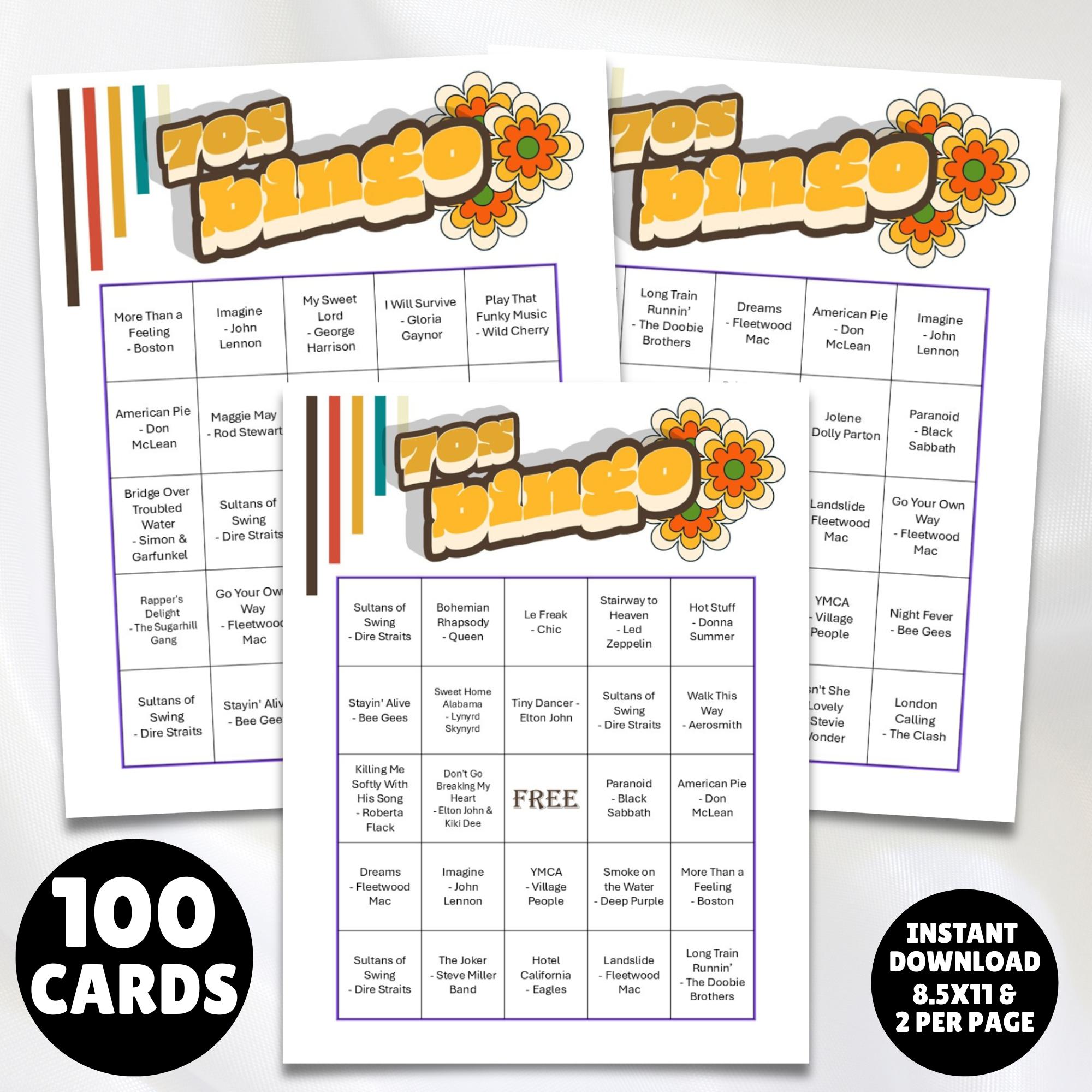 70s Music Bingo Game Printable, 100 Unique Cards With Spotify Playlist ...