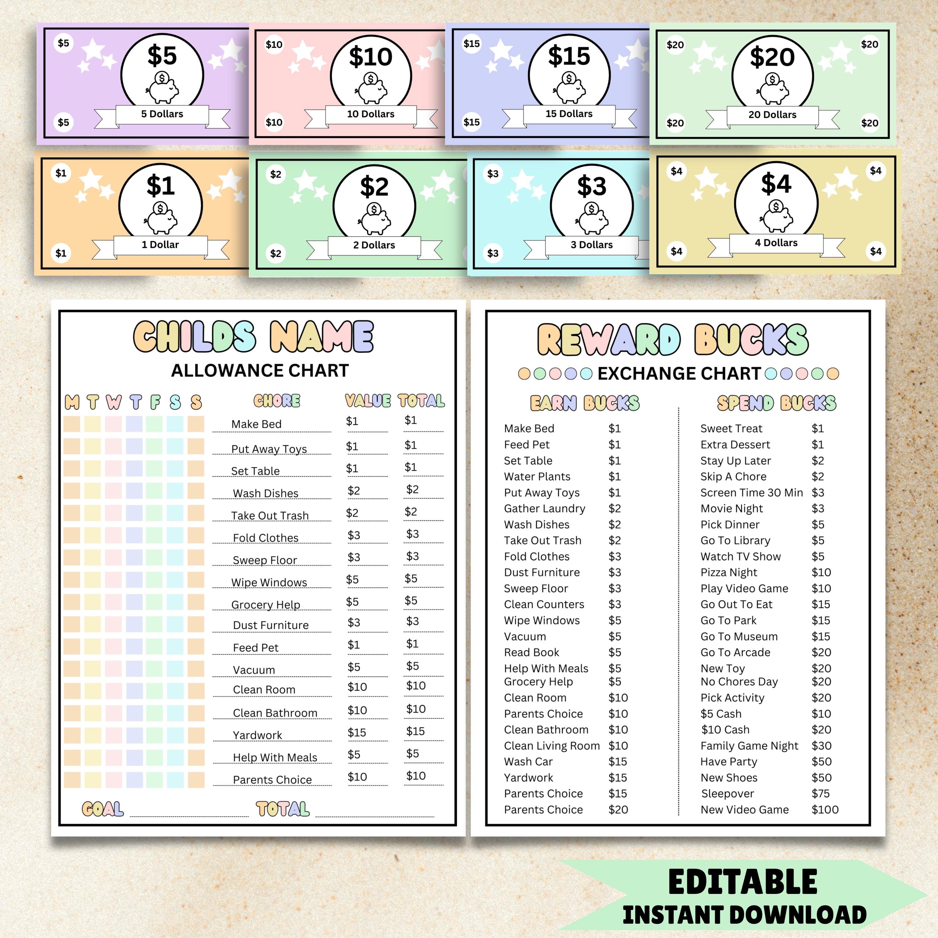 Editable Rewards Chart Play Money | Pretend Chores Cash for Moms ...