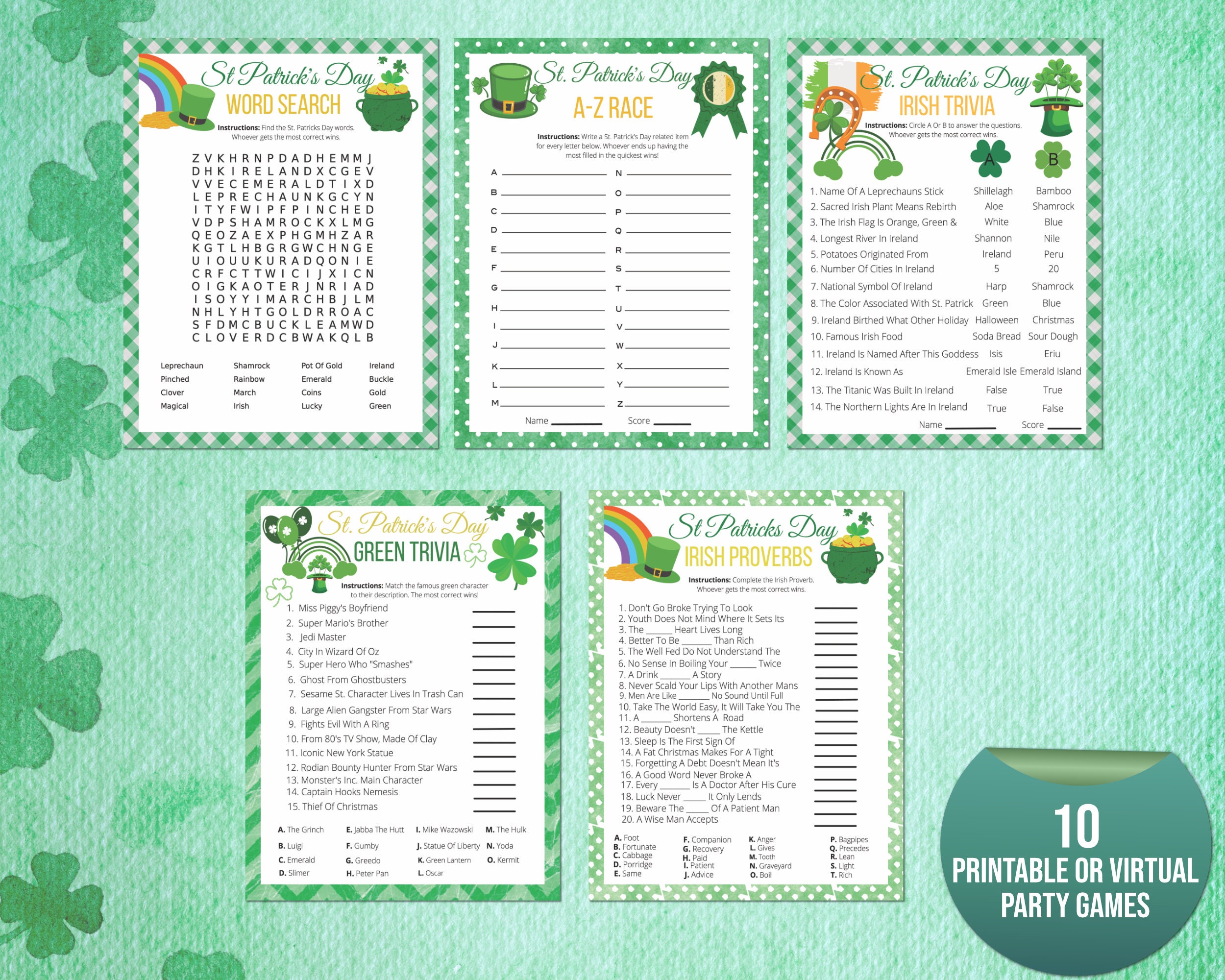 10 St Patricks Day Printable Party Games St Paddys Office | Etsy