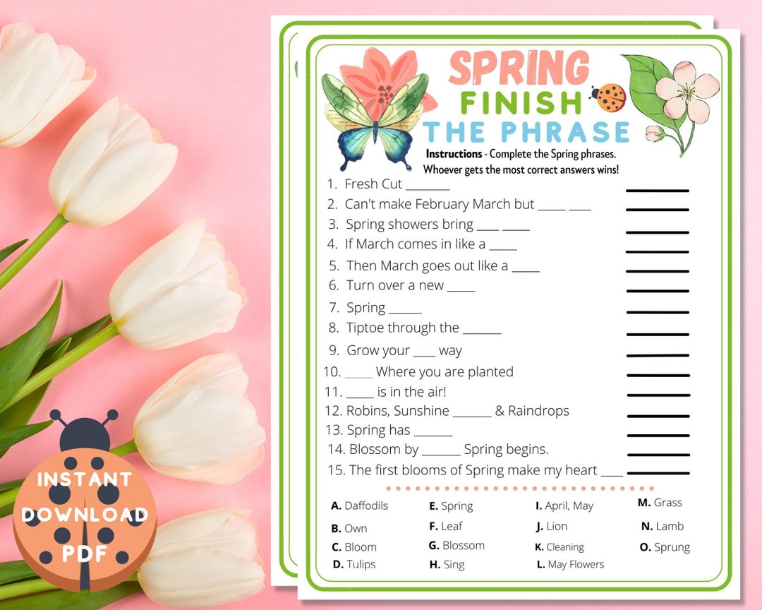 Spring Finish the Phrase Printable Game | Kids Adults Fun Word Activity ...