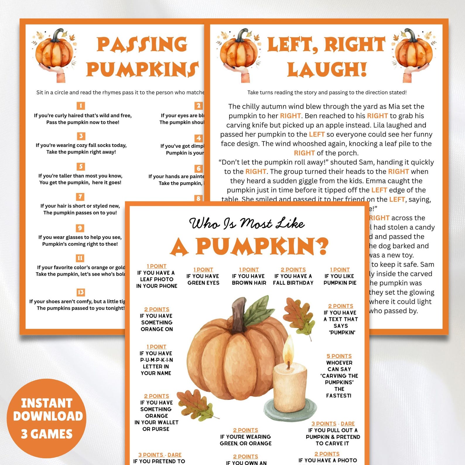 Printable Fall Left Right Pumpkin Game Bundle, Fun Passing Autumn Group ...