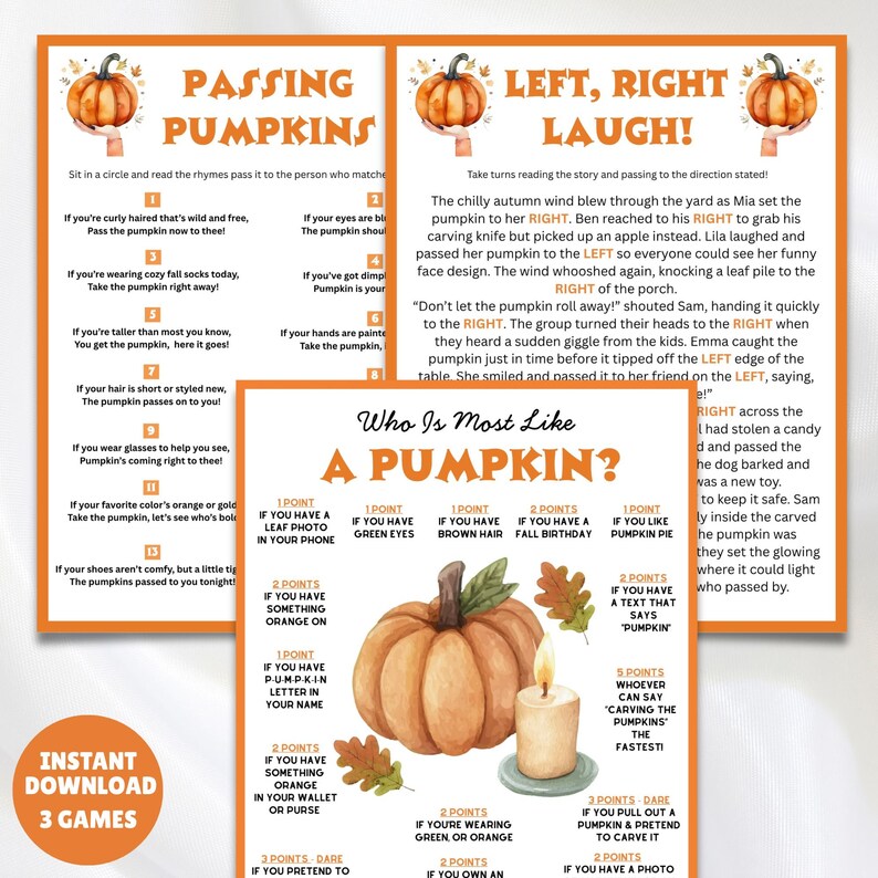 Printable Fall Left Right Pumpkin Game Bundle, Fun Passing Autumn Group ...