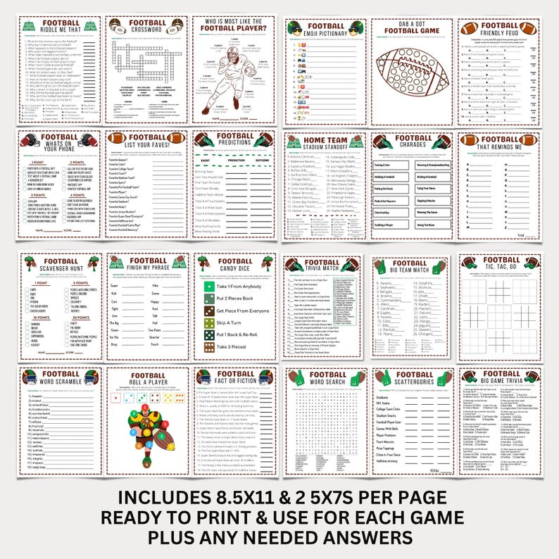 Printable Football Party Game Bundle | Kids & Adults Football Activity ...