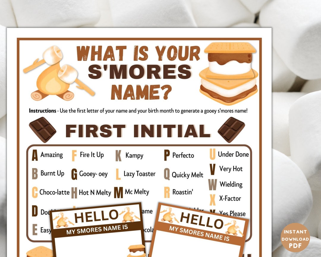 Printable Whats Your Smores Nametag Game | Camping Birthday Party Sign ...