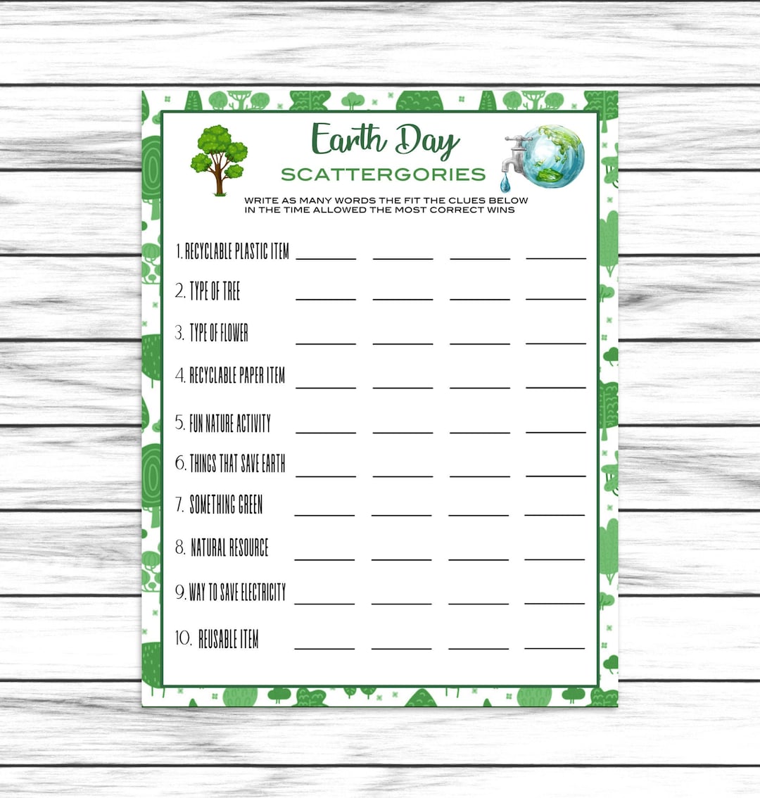 Earth Day Scattergories Game, Party Game, Word Game, for Adults Kids ...