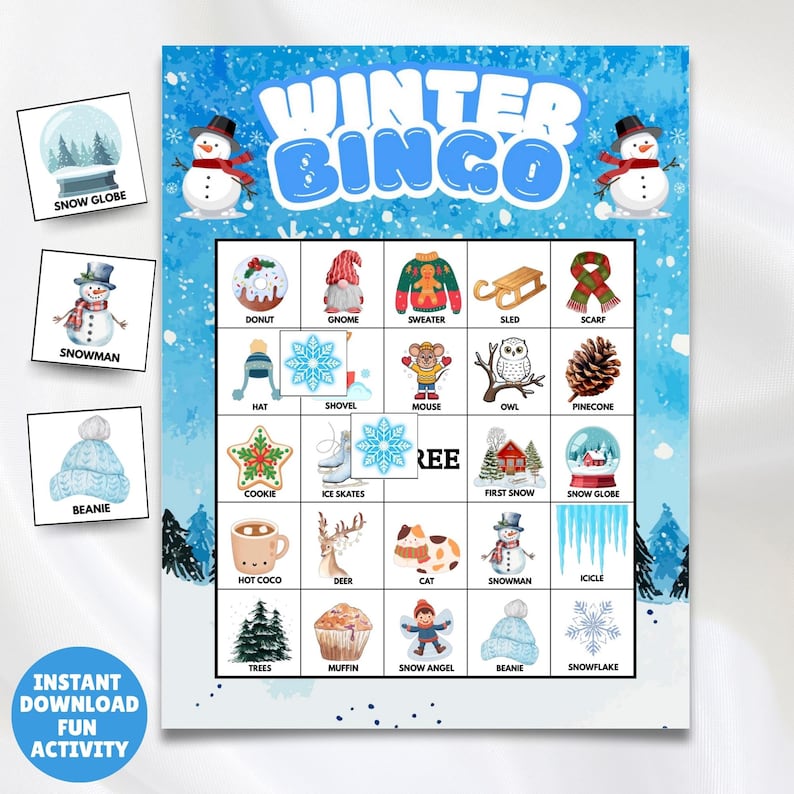 Printable Winter Bingo Game | 100 Unique Cards | Snowman Holiday Party ...