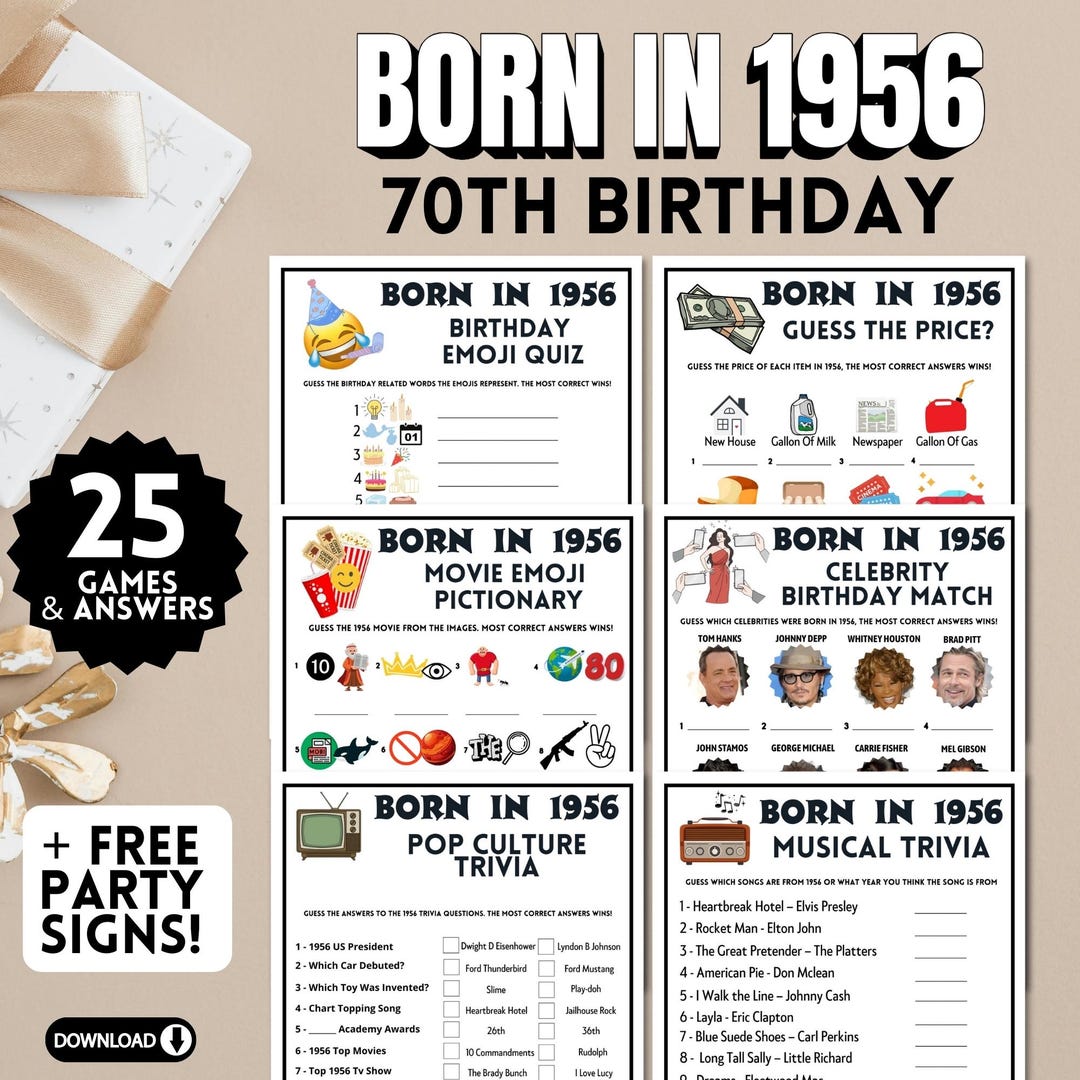 70th Birthday Games Born in 1956 | 25 Printable Adult Party Games ...