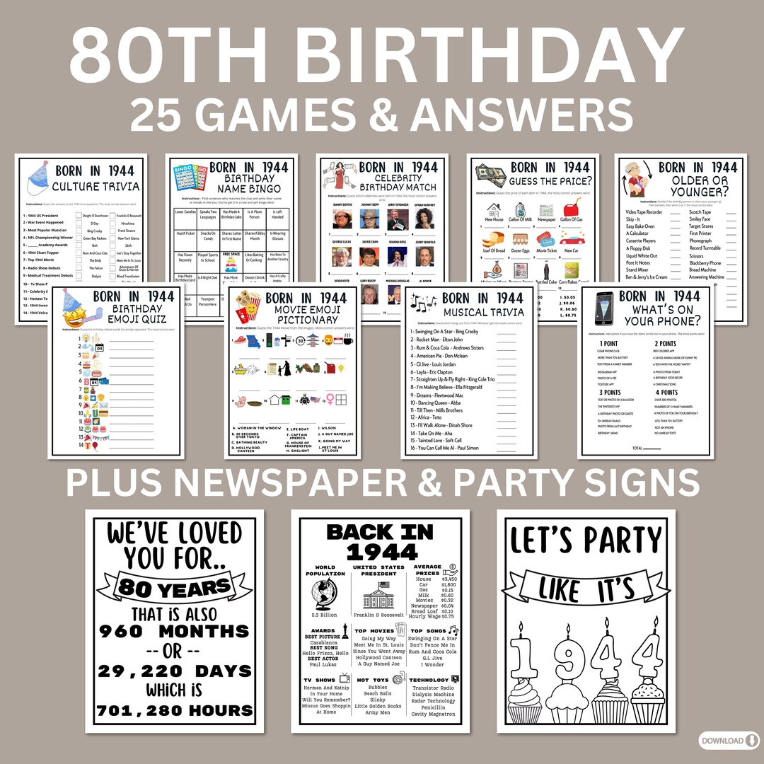 80th Birthday Printable Games Bundle Born in 1944 Party Idea 80th Bday Party Activities Man ...
